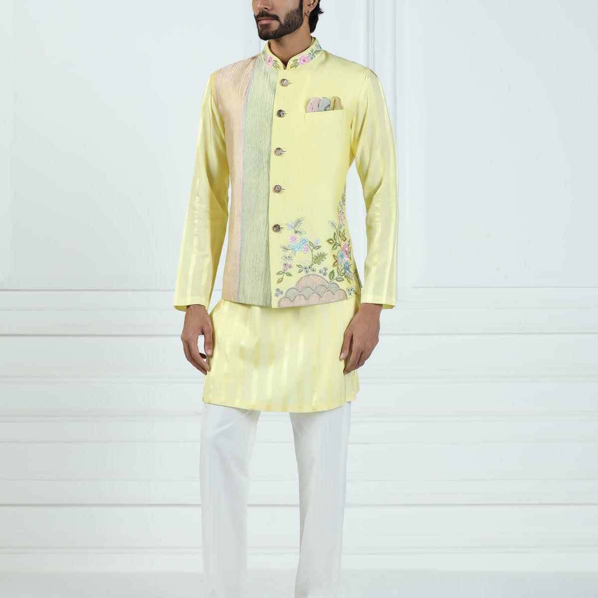 Daffodil Yellow Nehru Jacket Set | Kushal's